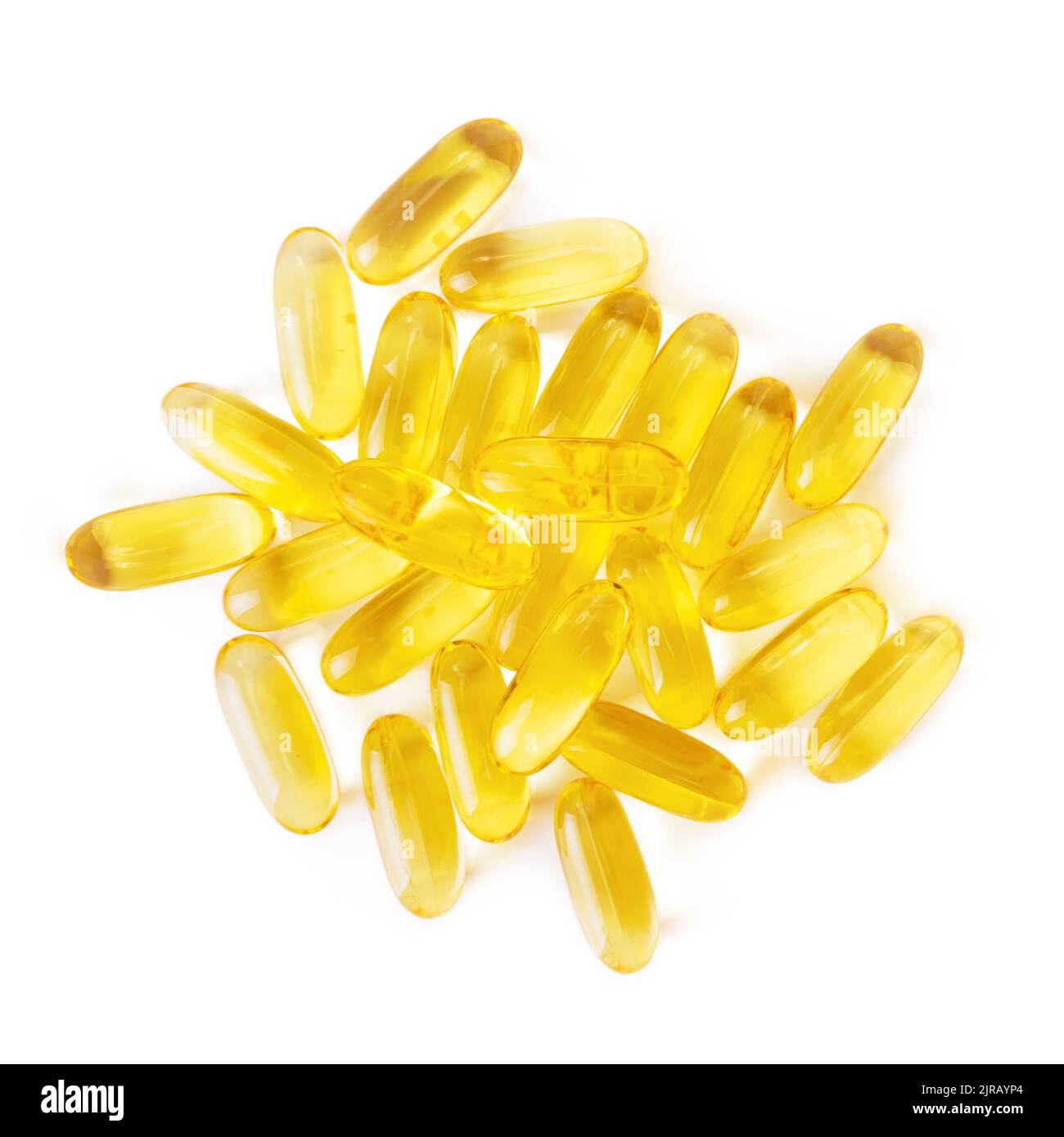 Pile of softgels capsules Omega 3 isolated on white background. Close ...