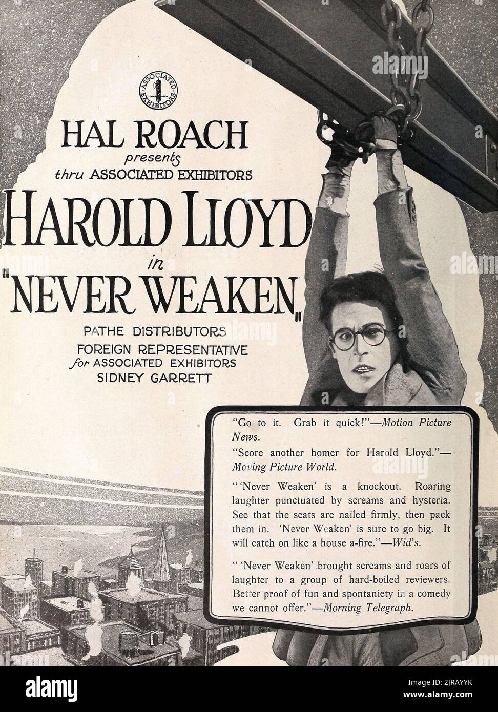 Hal Roach presents... Advertisement for Harold Lloyd in Never Weaken 1921 Stock Photo - Alamy