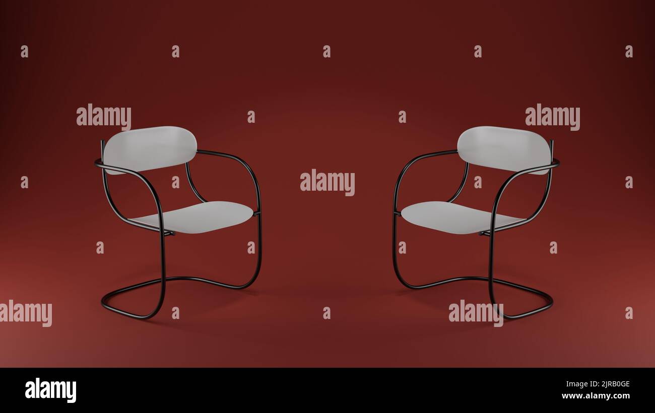 Two chairs in a red room a place for an interview. 3d rendering ...