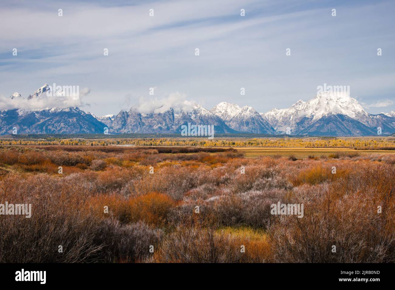 View of the Grand Teton Mountain Range across Antelope Flats Stock ...