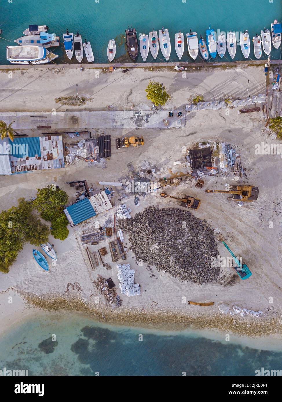 Maldives, Kaafu Atoll, Himmafushi, Aerial view of small construction ...