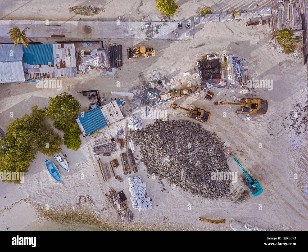 Maldives, Kaafu Atoll, Himmafushi, Aerial view of small construction ...