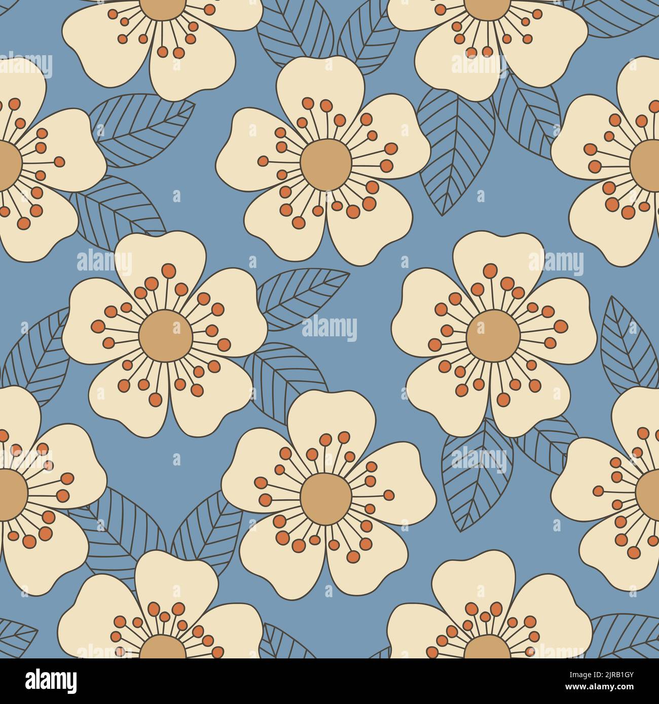 Colorful Medium Scale Hand-Drawn Floral Daisies Vector Seamless Pattern ...