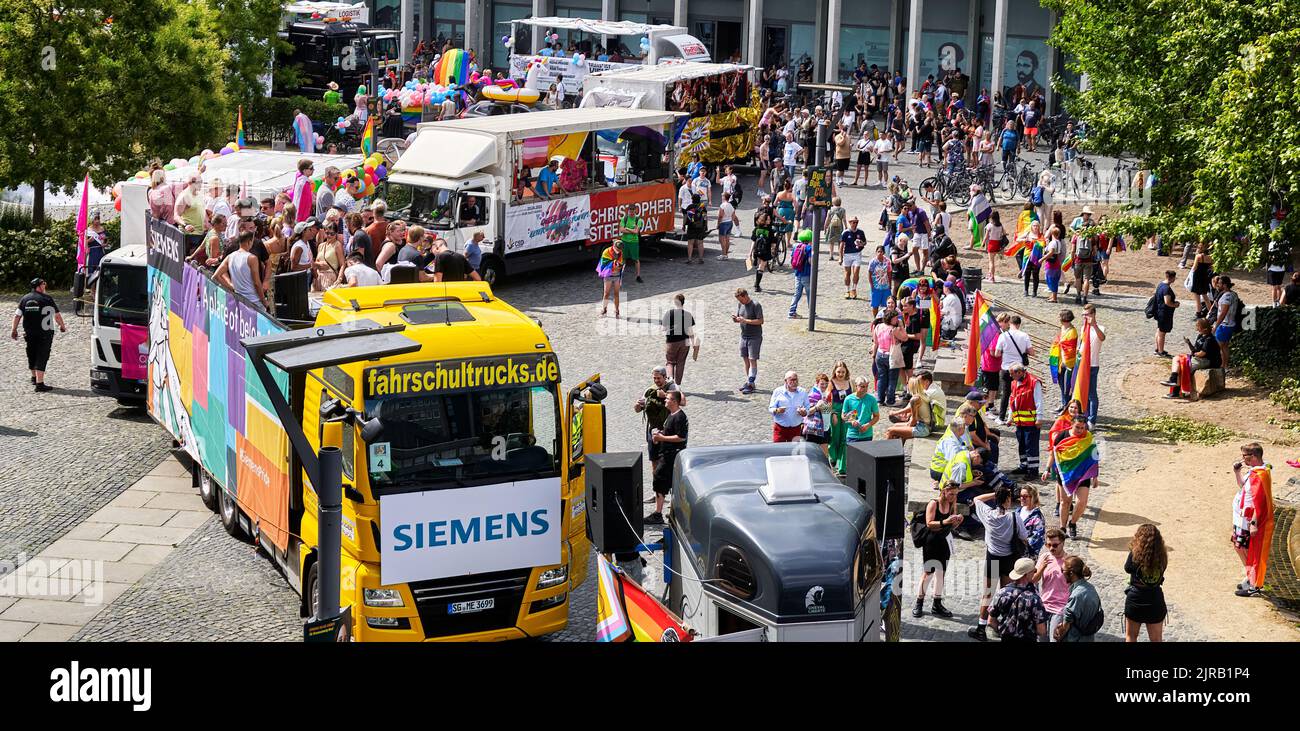 Braunschweig, Germany, August 13, 2022: People and vehicles gather in a ...