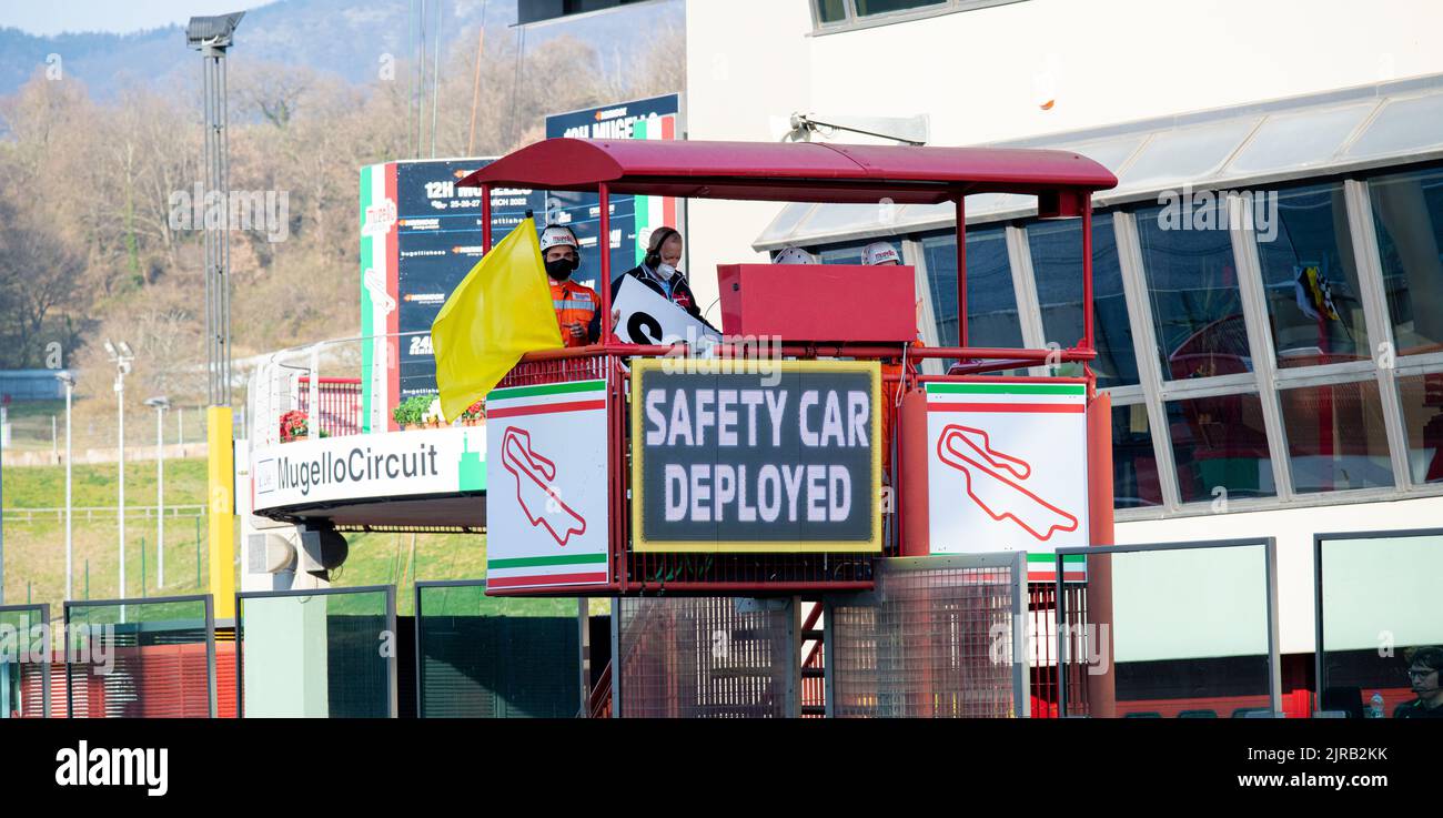 Racing sign yellow flag and safety car deployed exposed banner in ...