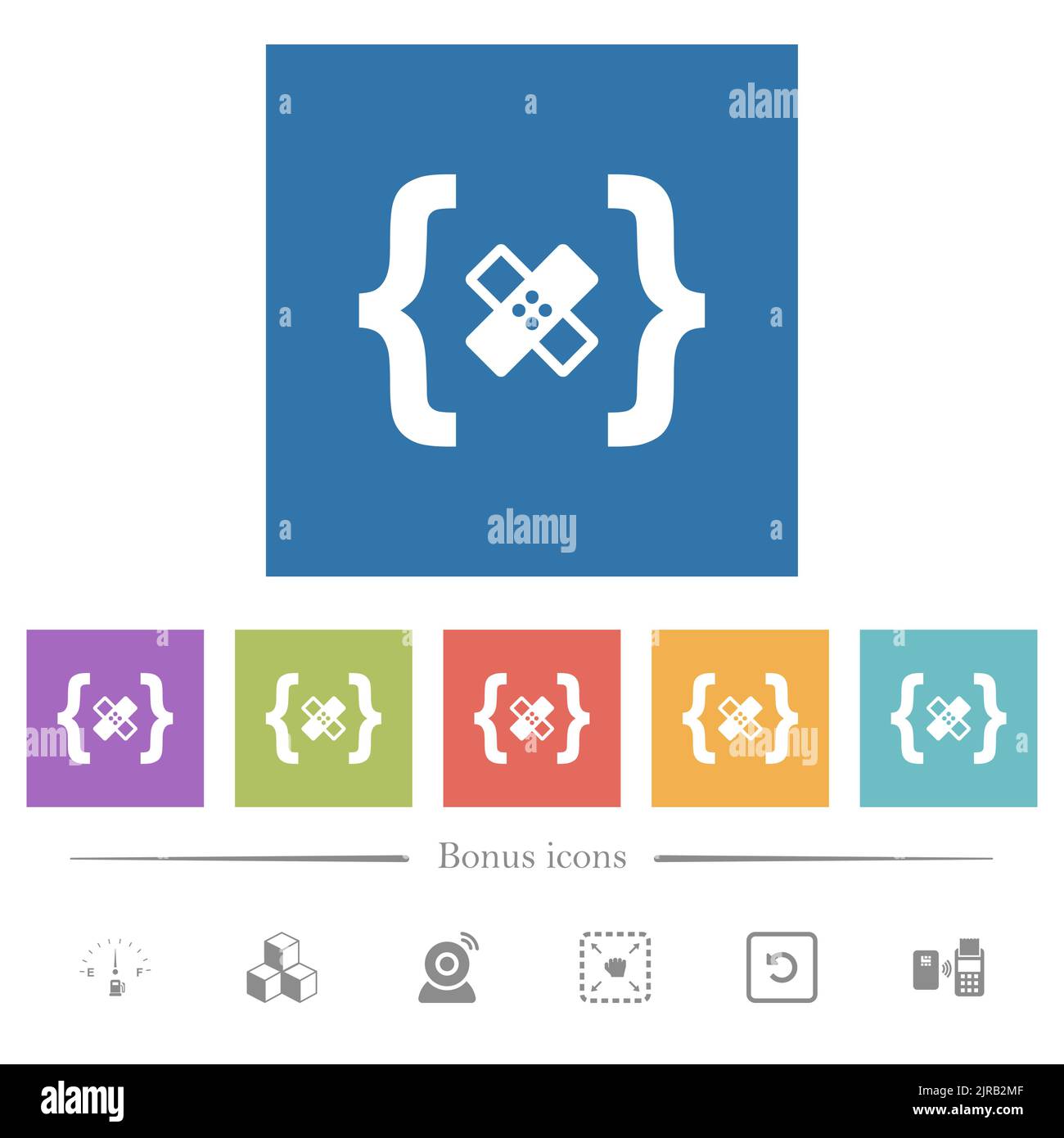 Software patch flat white icons in square backgrounds. 6 bonus icons ...