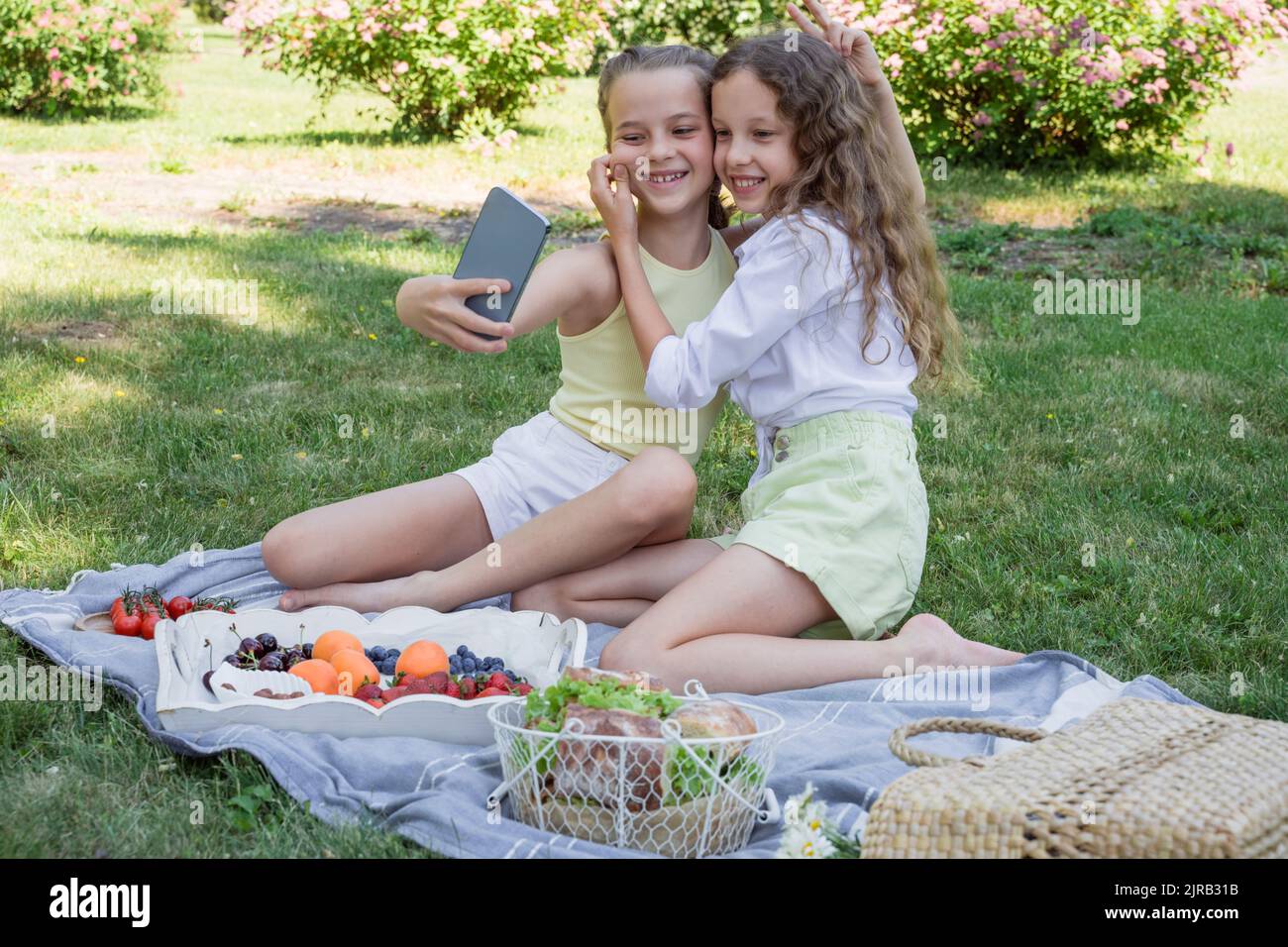 Girl pulling cheek of sister taking selfie at park Stock Photo - Alamy