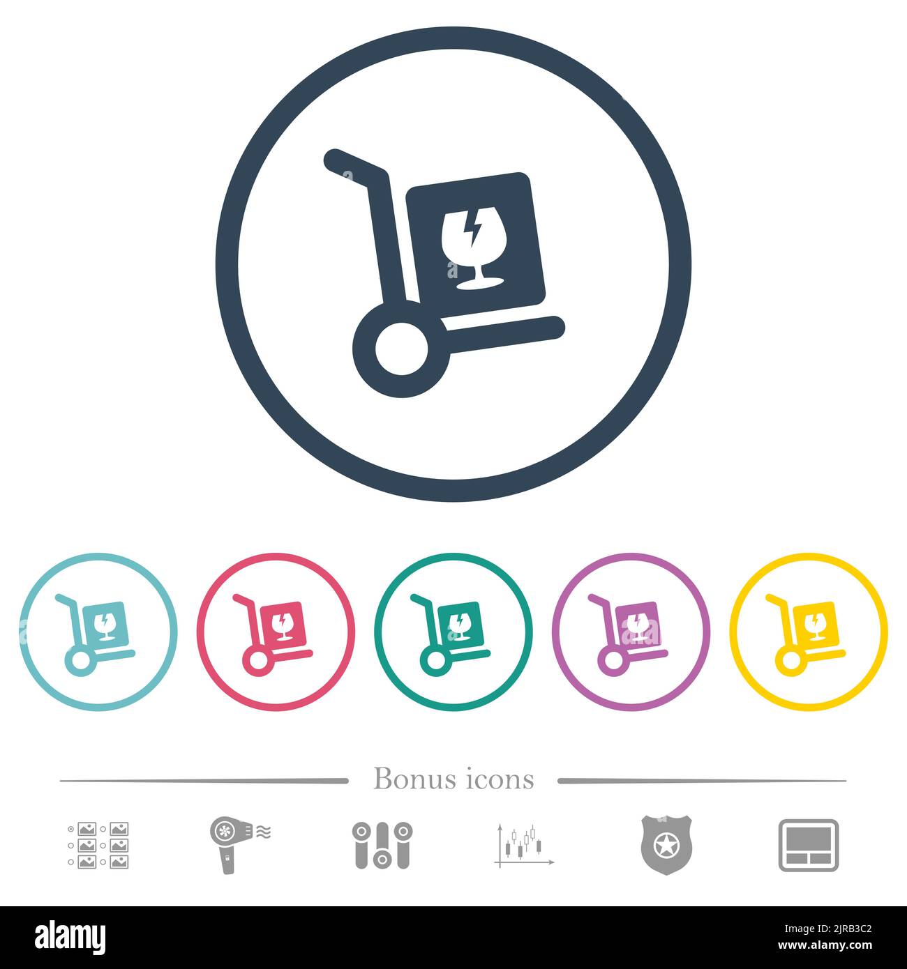 Fragile parcel delivery solid flat color icons in round outlines. 6 bonus icons included Stock ...