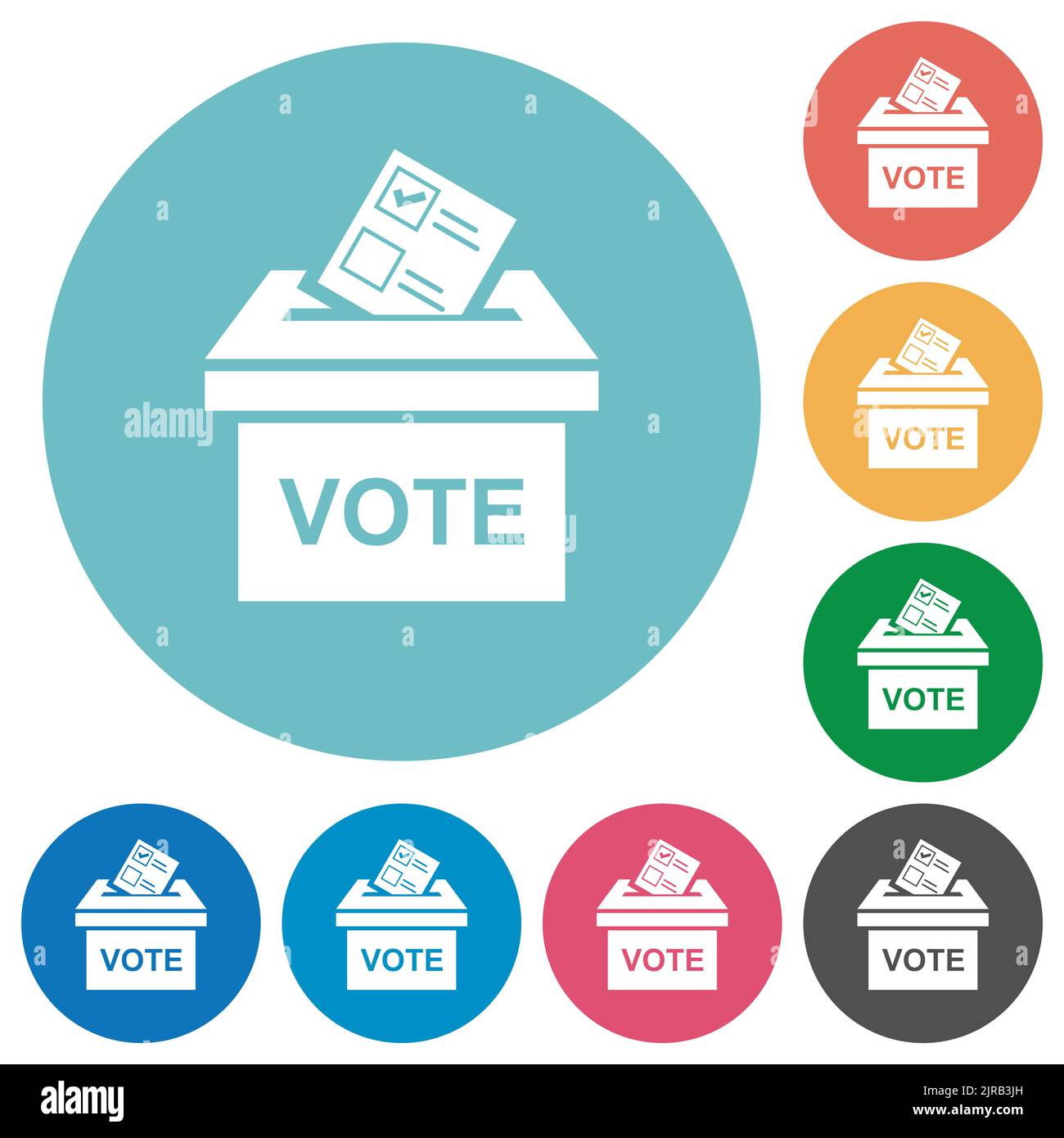 Voting paper and ballot box solid flat white icons on round color ...