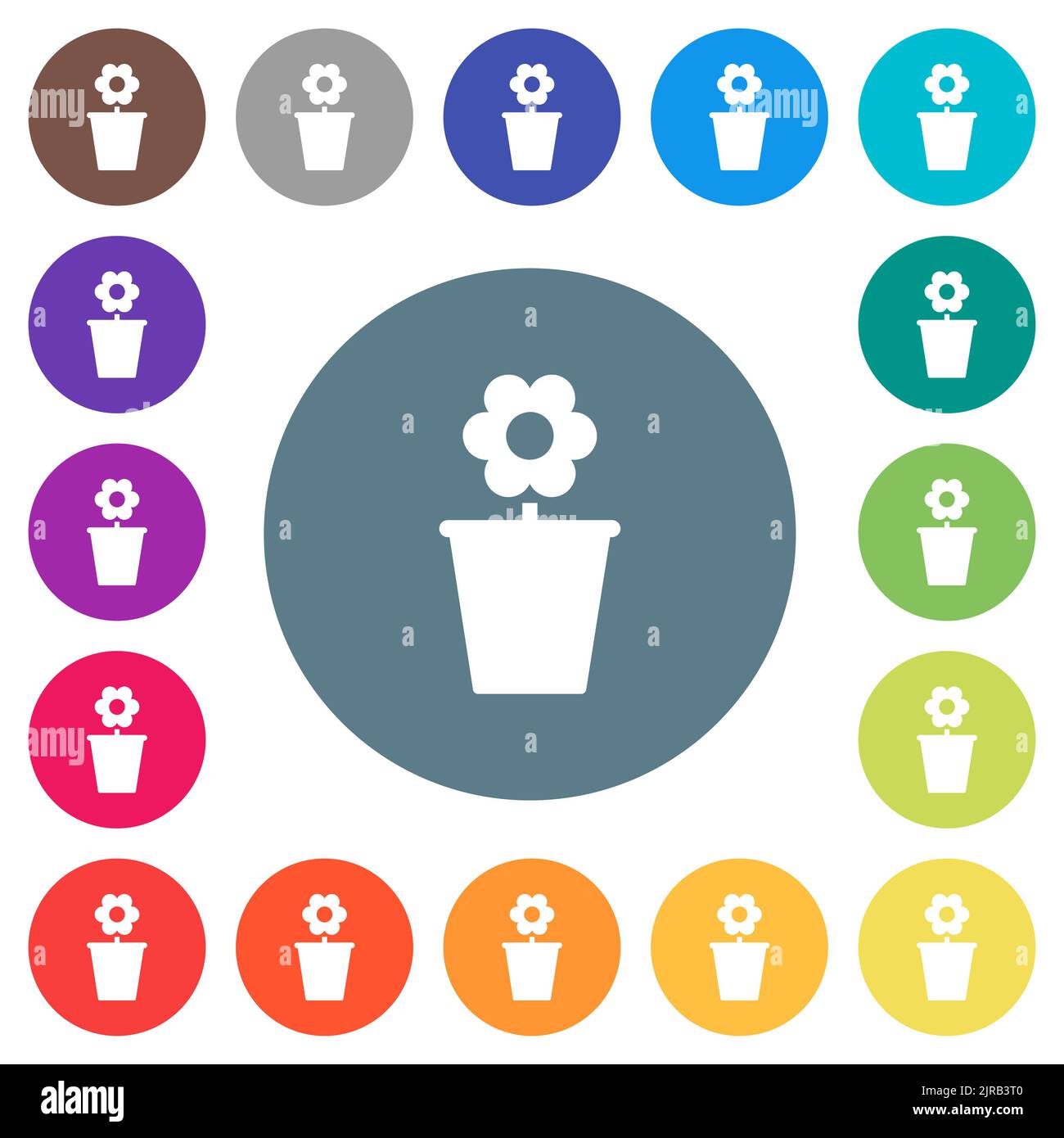 Flowerpot with flower solid flat white icons on round color backgrounds. 17 background color ...