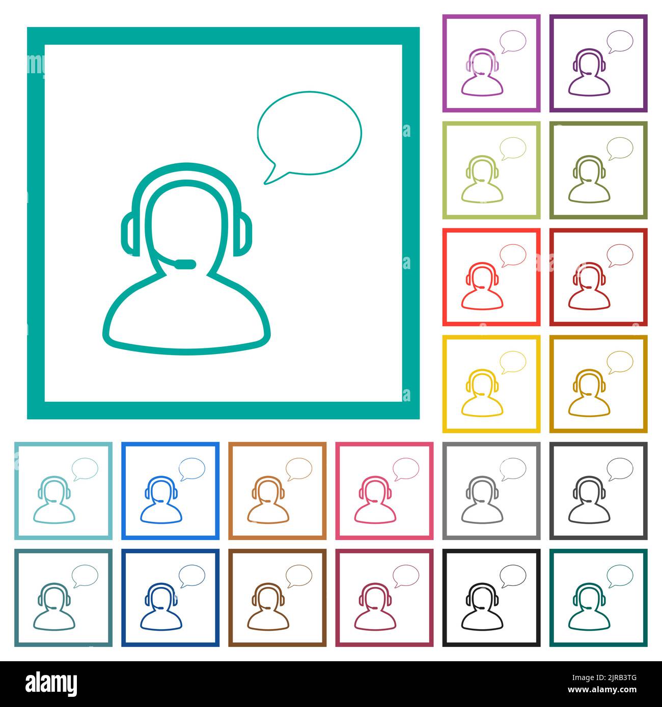 Talking operator outline flat color icons with quadrant frames on white ...
