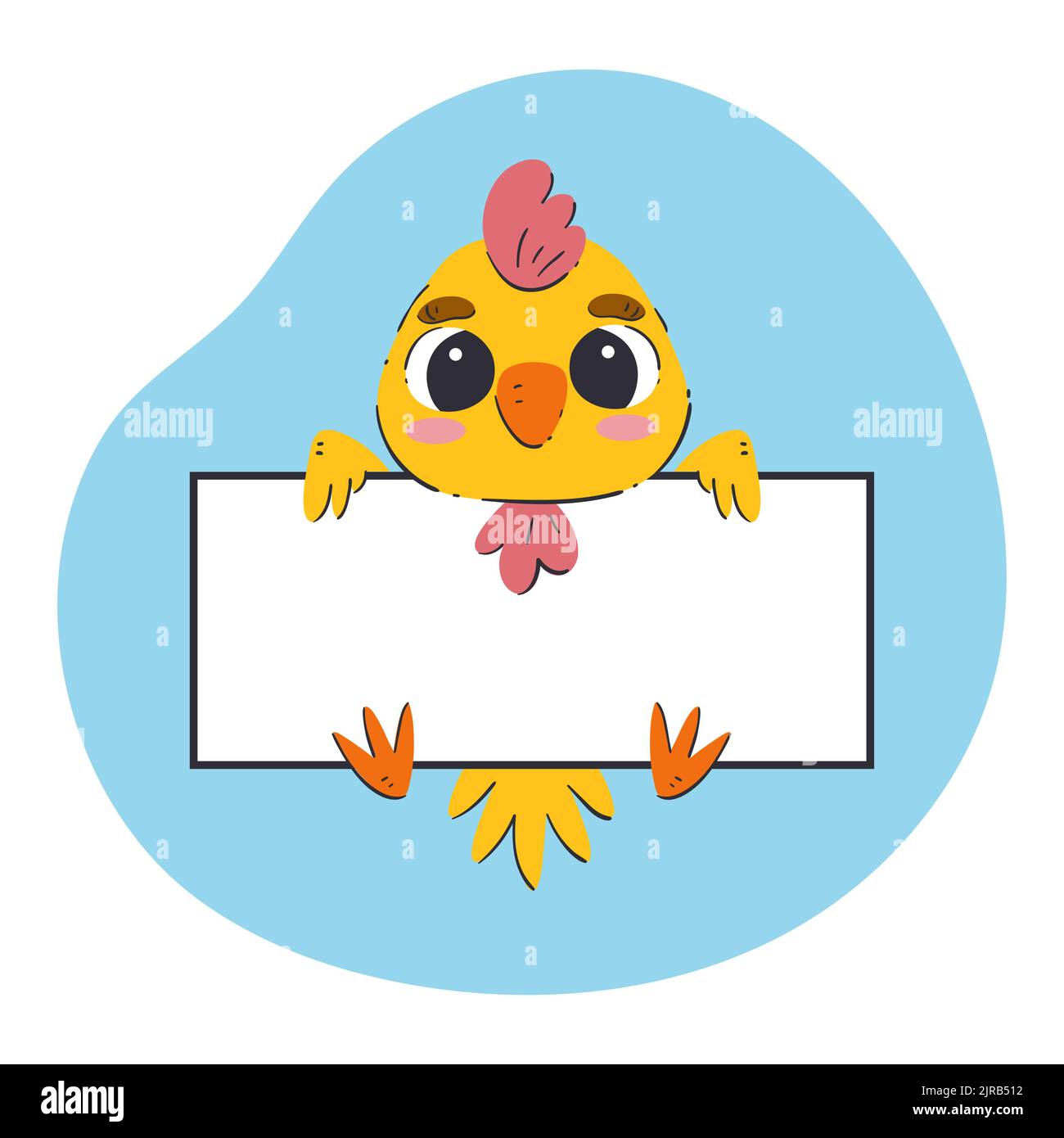 Little chicken holding a white banner. Cute hand-drawn vector ...