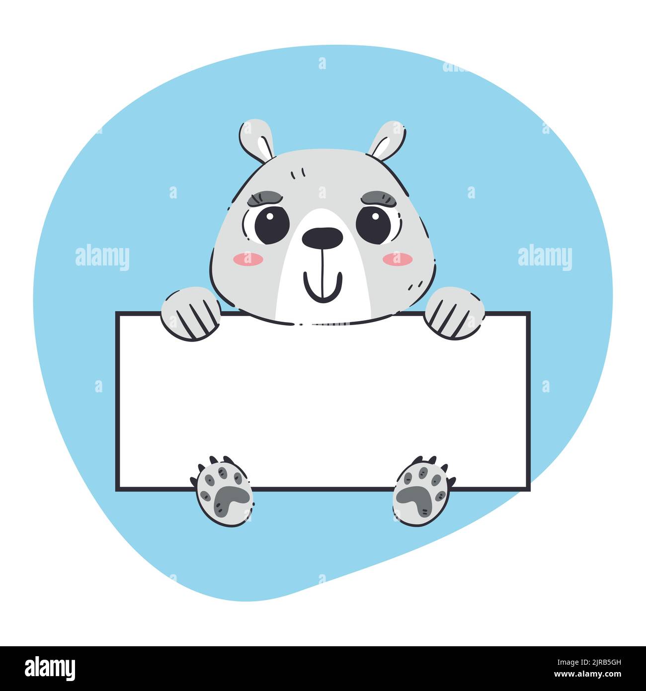 Polar Bear Holding A White Banner Cute Hand Drawn Vector Illustration