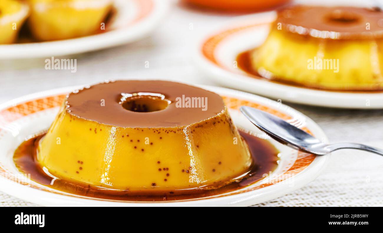 dessert of condensed milk pudding, typical Brazilian sweet, made at ...