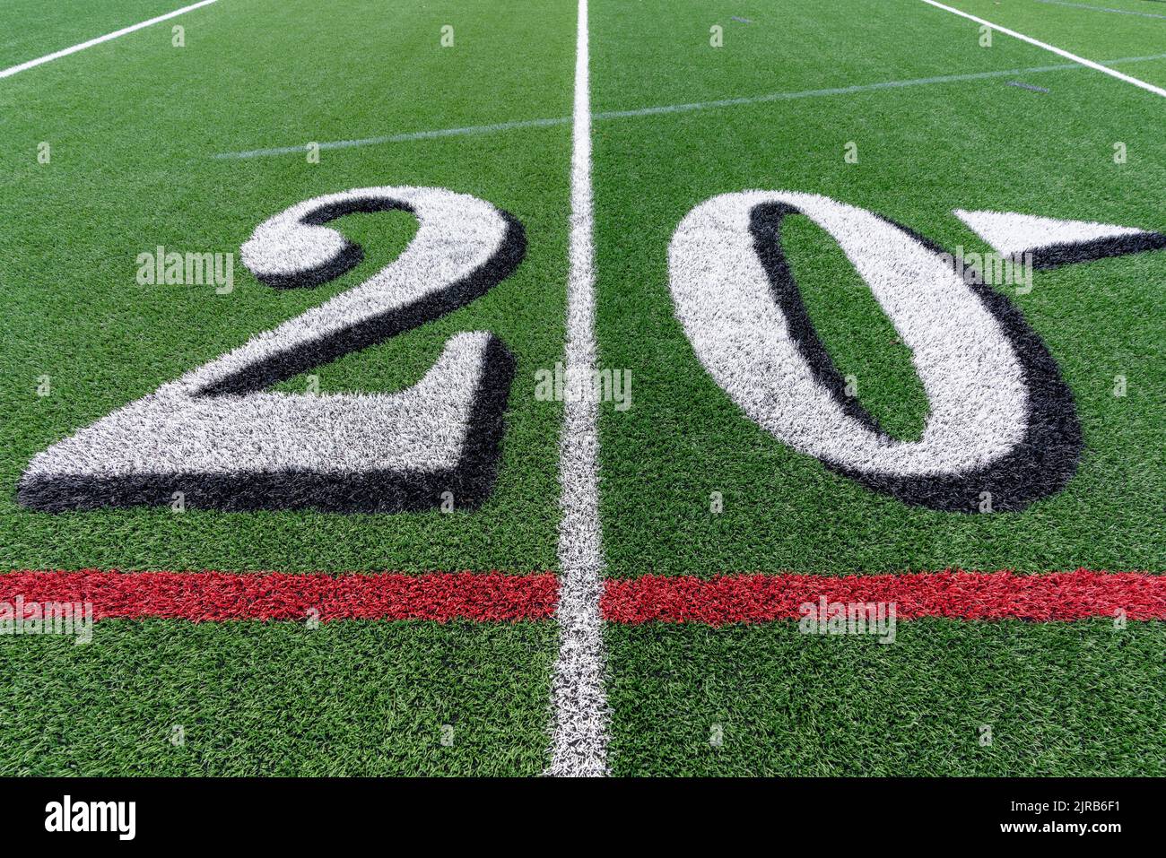 Synthetic turf slanted football 20 yard line in white with black number ...