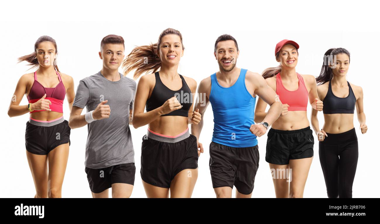 Group of runners running towards camera isolated on white background ...