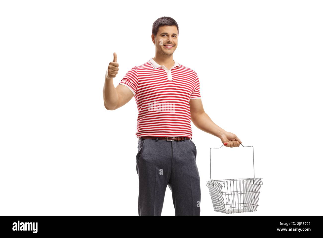 Customer holding an empty shopping basket and gesturing thumb up sign ...