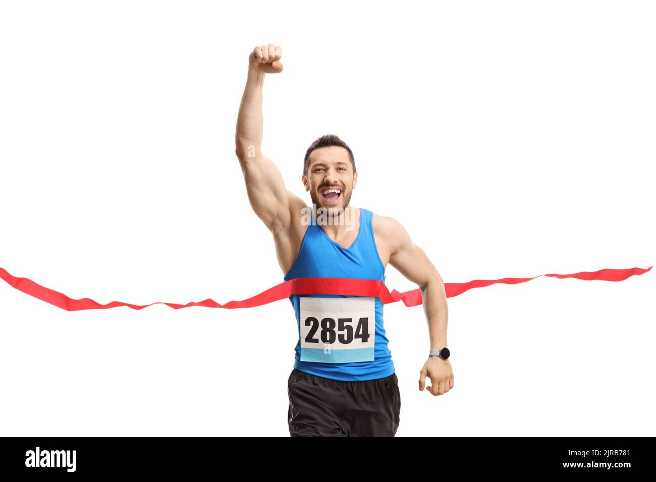 Young man finishing a marathon and gesturing happiness isolated on ...
