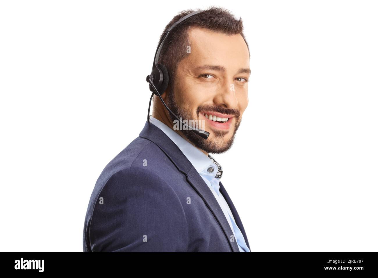 Close up shot of a call operator wearing a headset with hands free ...