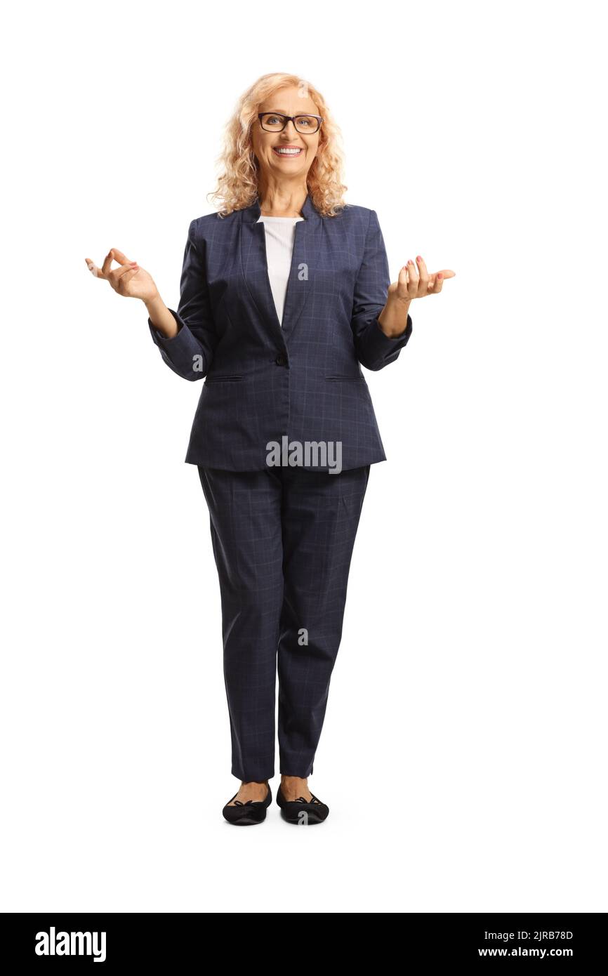 Full length portrait of a woman explaining something with hands ...