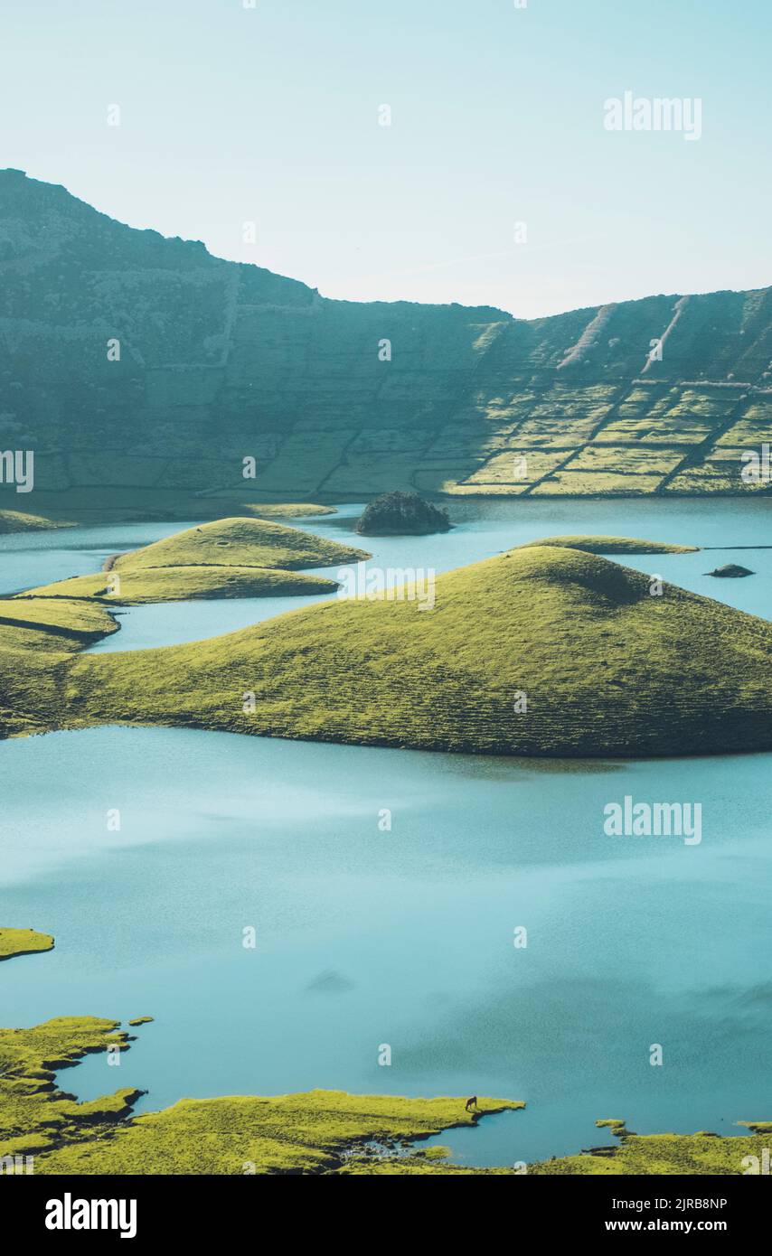 Beautiful view of lake in front of mountains at Corvo Island, Azores ...