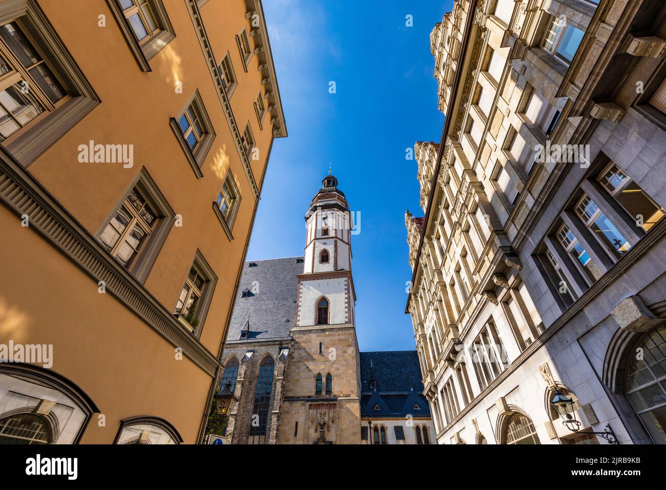Germany, Saxony, Leipzig, Bell tower of Saint Thomas Church Stock Photo ...