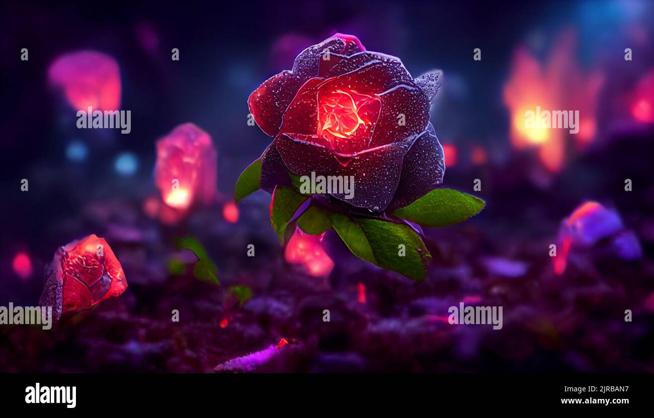 3D rendering of a Luminous Rose in a Dark Rose Forest. High quality ...