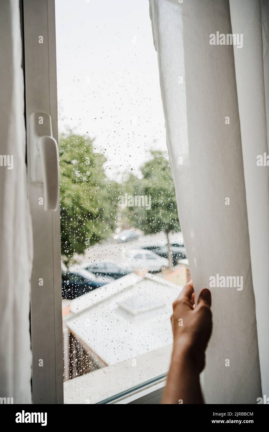 Hand of woman holding curtain by window at home Stock Photo - Alamy