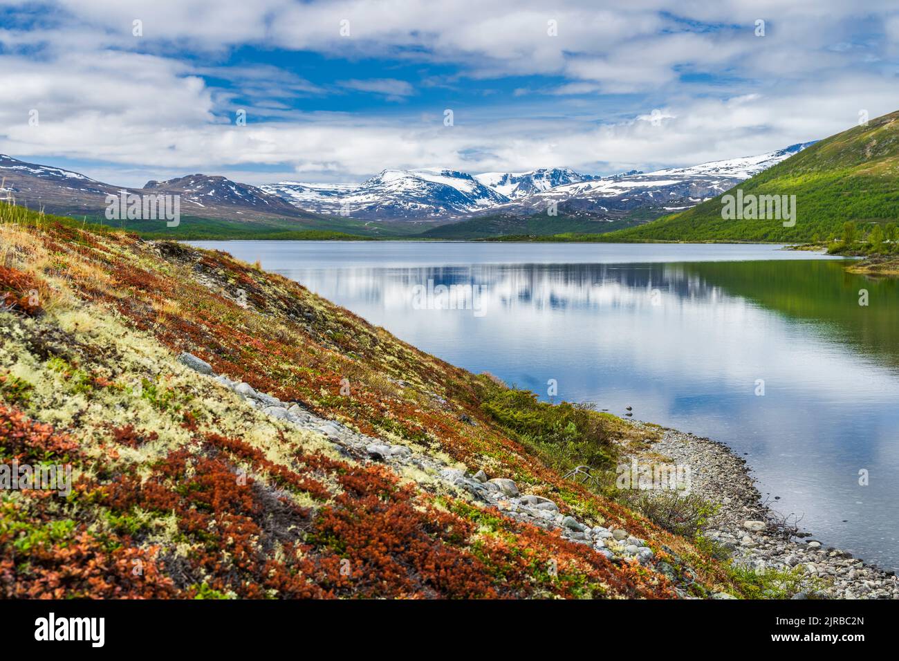 Norway, Innlandet, Lake in Jotunheimen National Park with mountains in ...