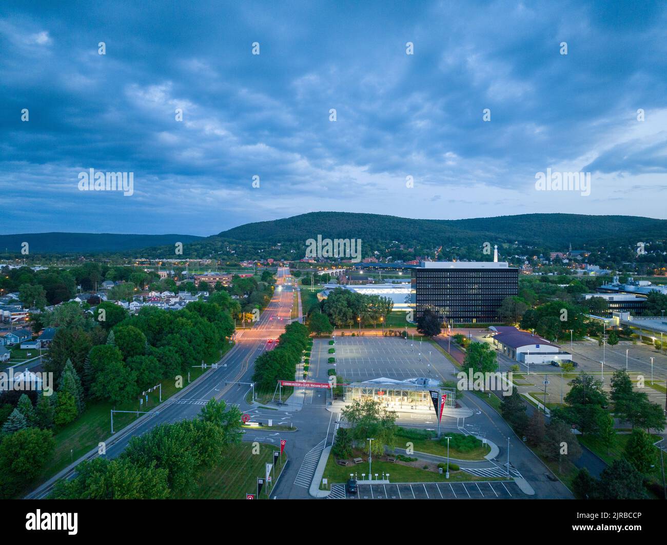 Late afternoon, early evening aerial image of Corning NY looking ...