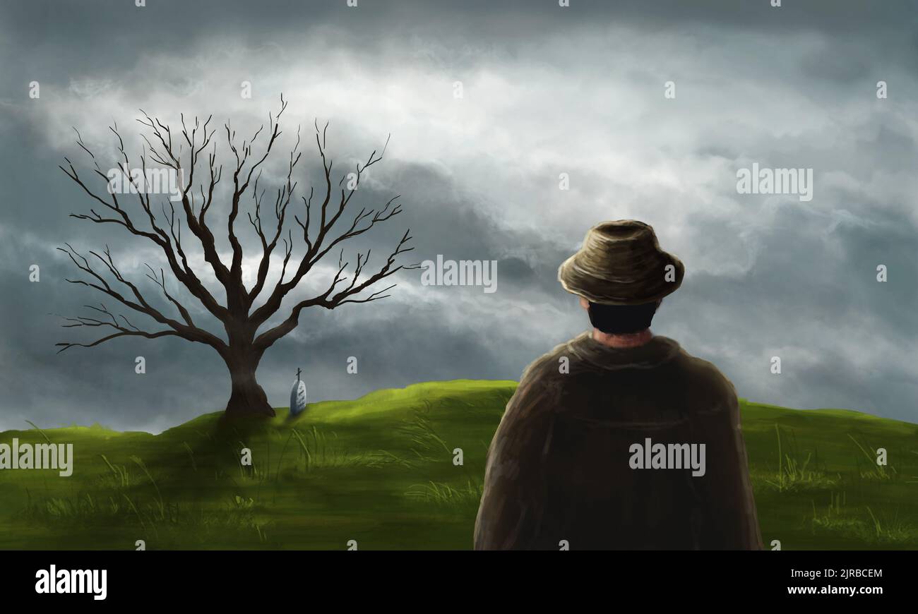 Man, cowboy in coat with hat walking to graves under tree under storm ...