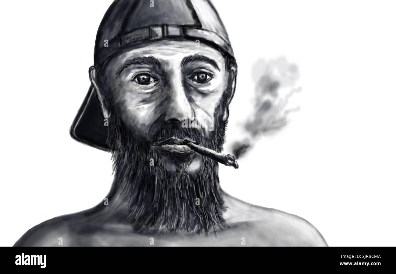 Black and white digital painting portrait of beared man with cap and ...