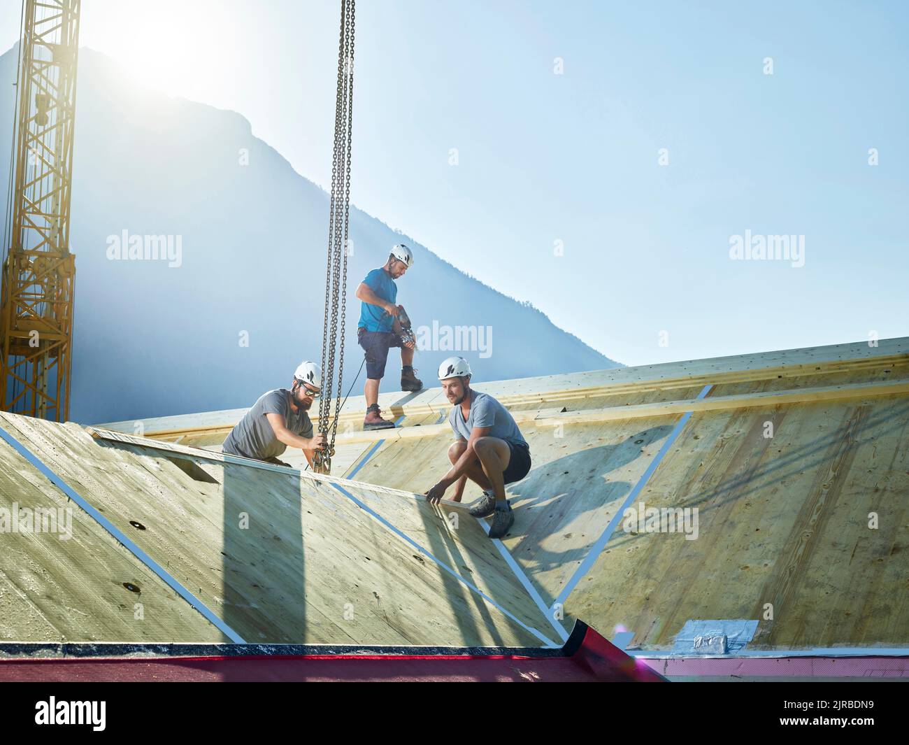 Carpenters working on roof with crane at construction site Stock Photo - Alamy