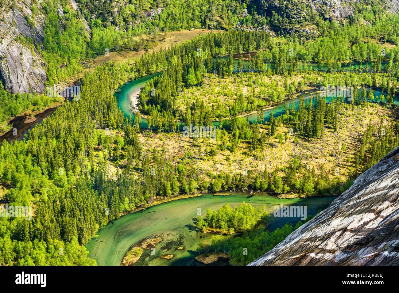 Norway, Nordland, View of Nordfjordelva river flowing through valley in ...