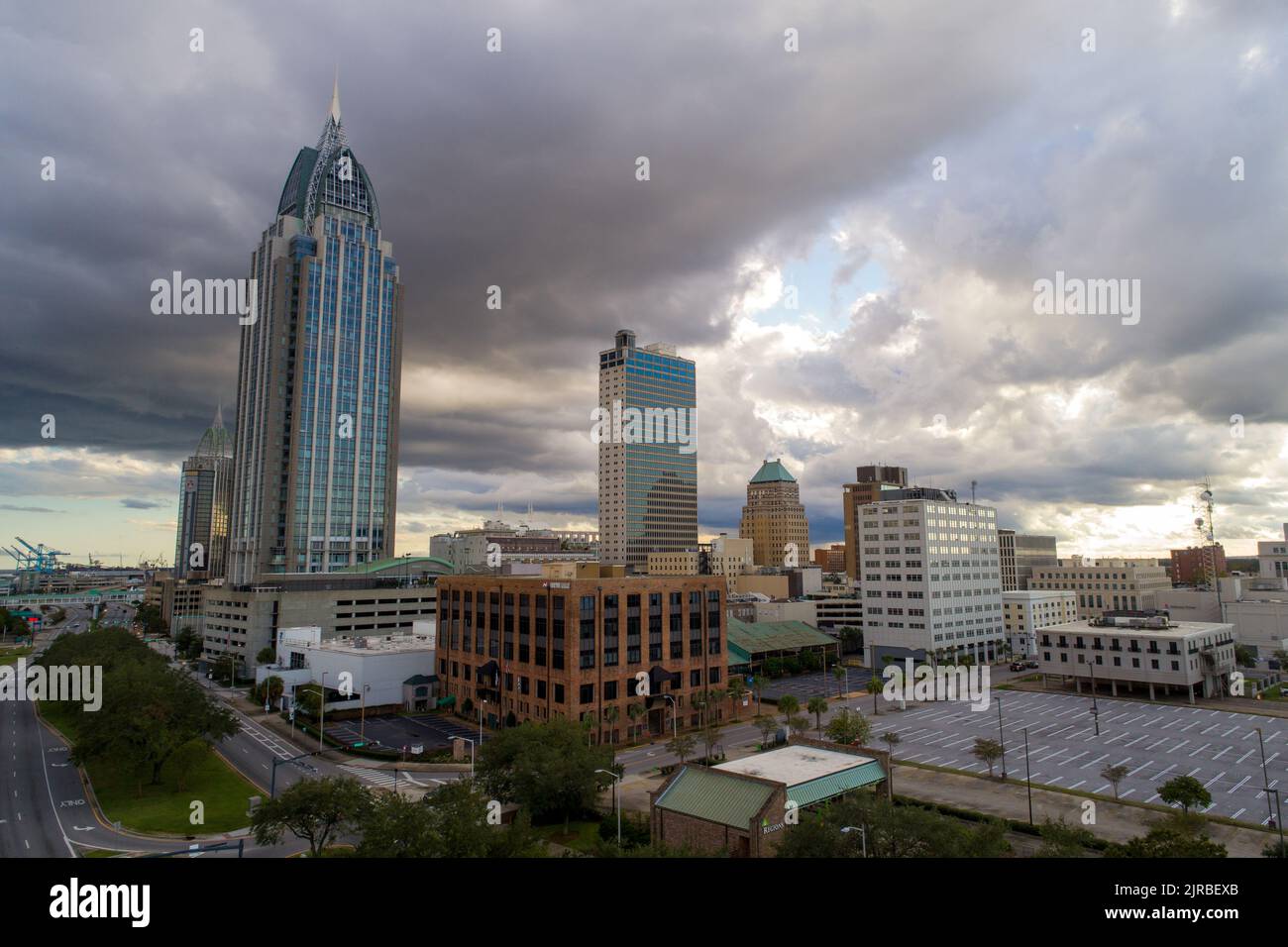 The downtown Mobile, Alabama waterfront skyline at sunset Stock Photo ...