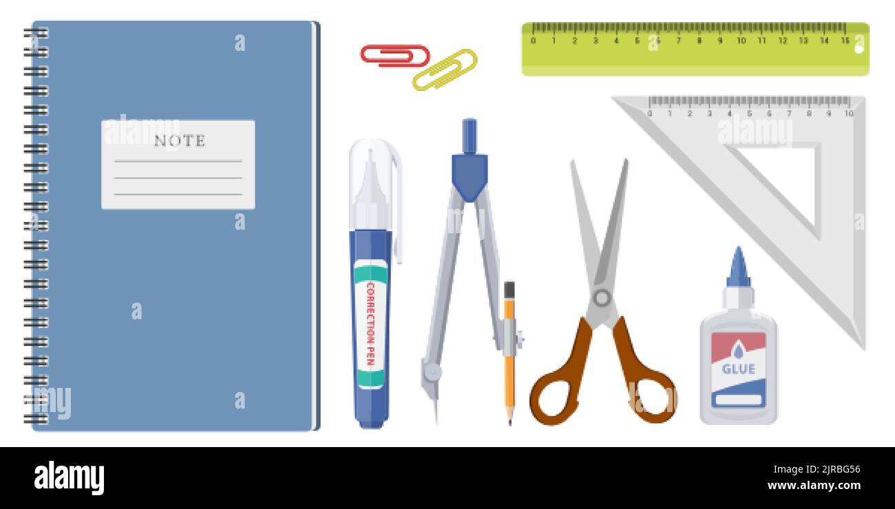 Collection set of school stationery note book scissors ruler glue paper ...