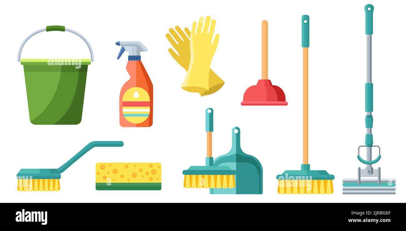 Collection set of cleaning supplies mop broom bucket rubber gloves ...
