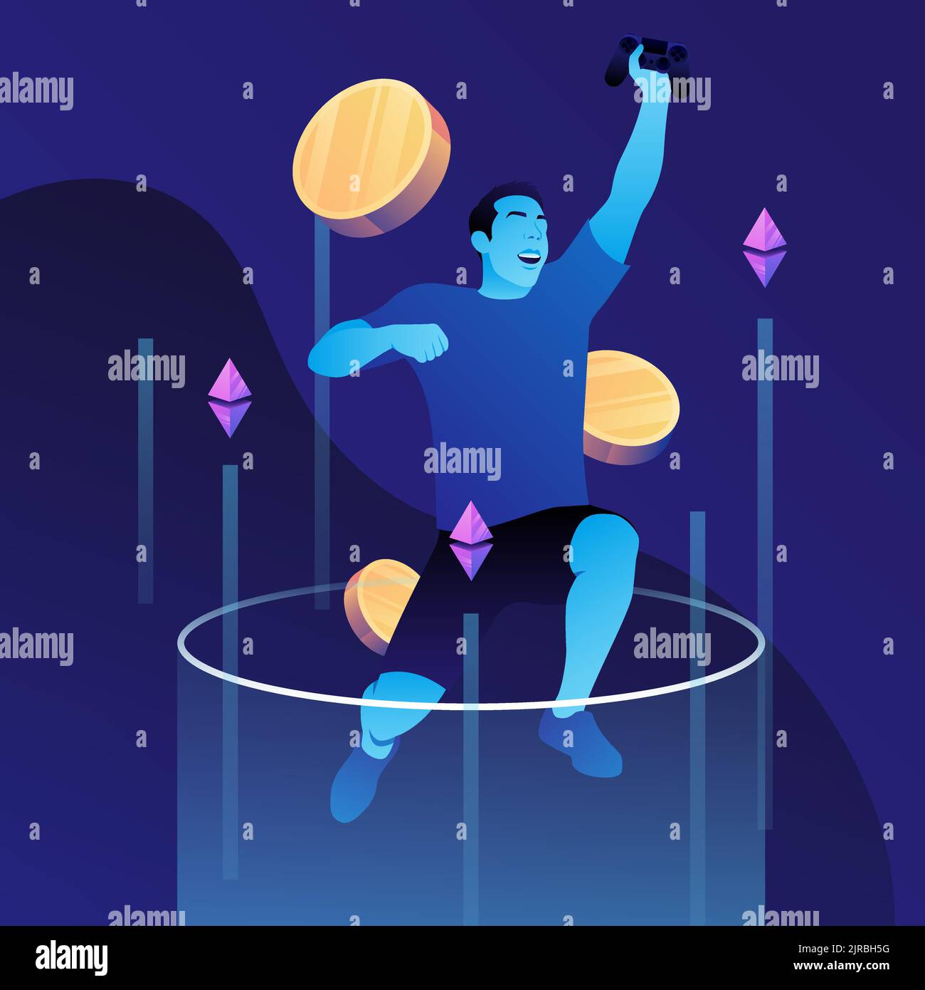 Happy Man Plays to Earn. Abstract Graphic Illustration. Human Jumping ...