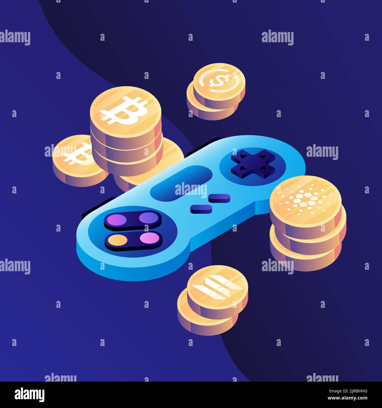 Play to Earn. Joystick and Cryptocurrency Coins Illustration. Vector ...
