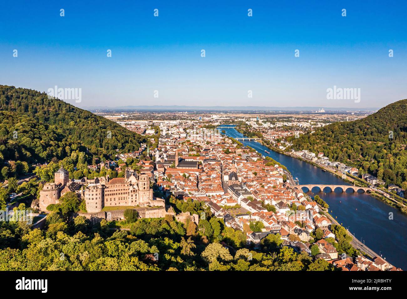Germany, Baden-Wurttemberg, Heidelberg, Aerial view of Heidelberg Castle and surrounding old ...