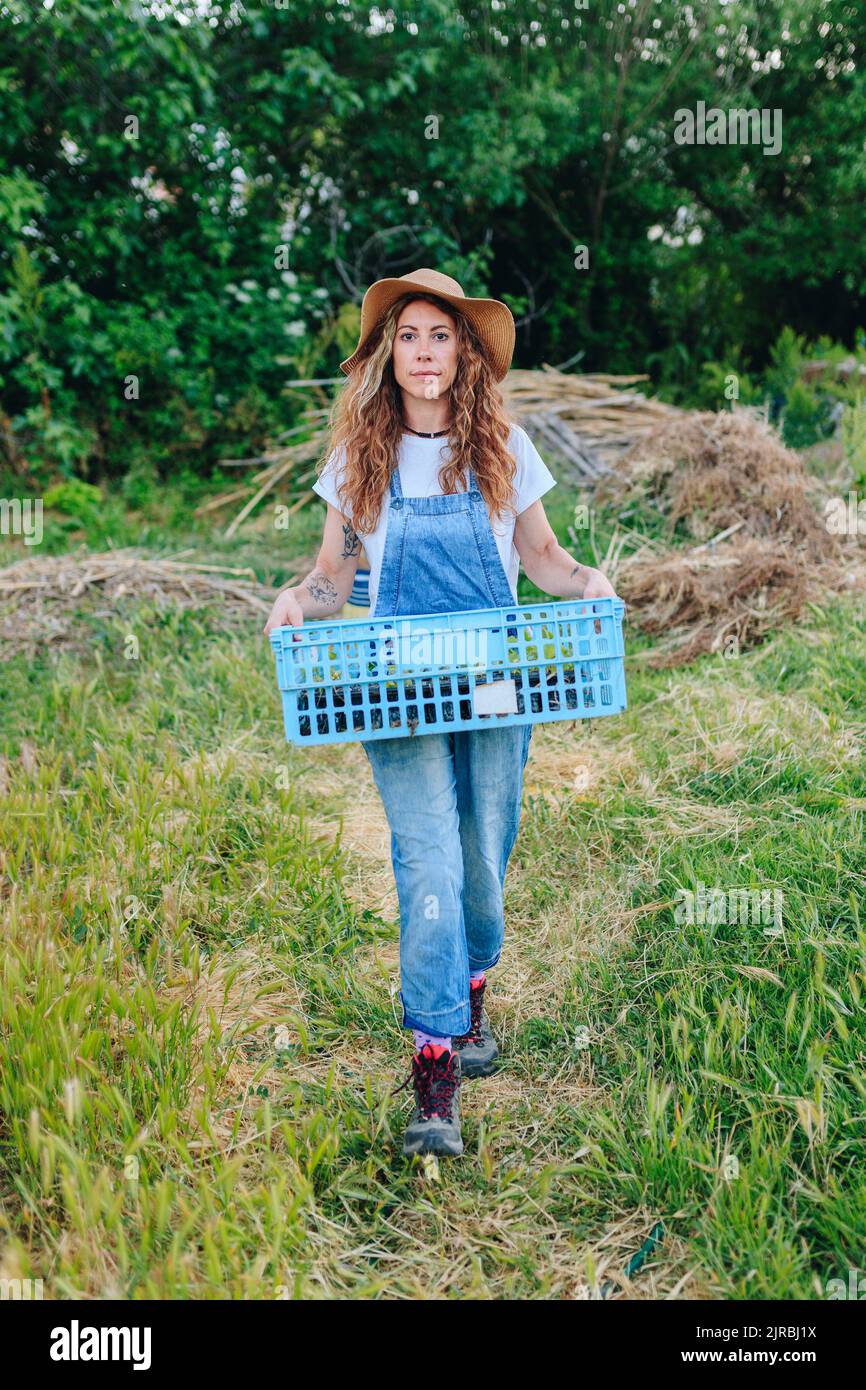 Farmer carrying crate walking on field Stock Photo - Alamy