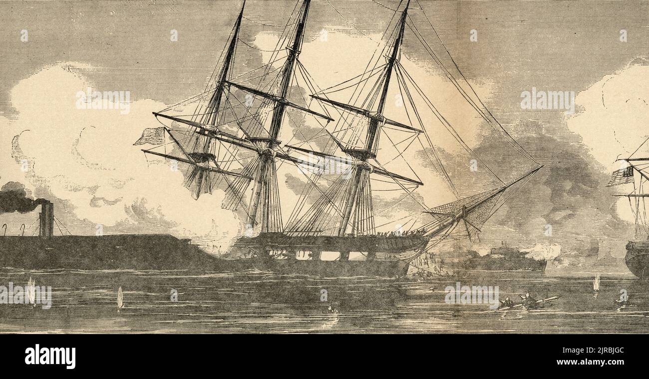 The Confederate Ironclad Merrimac Running down the Frigate Cumberland ...