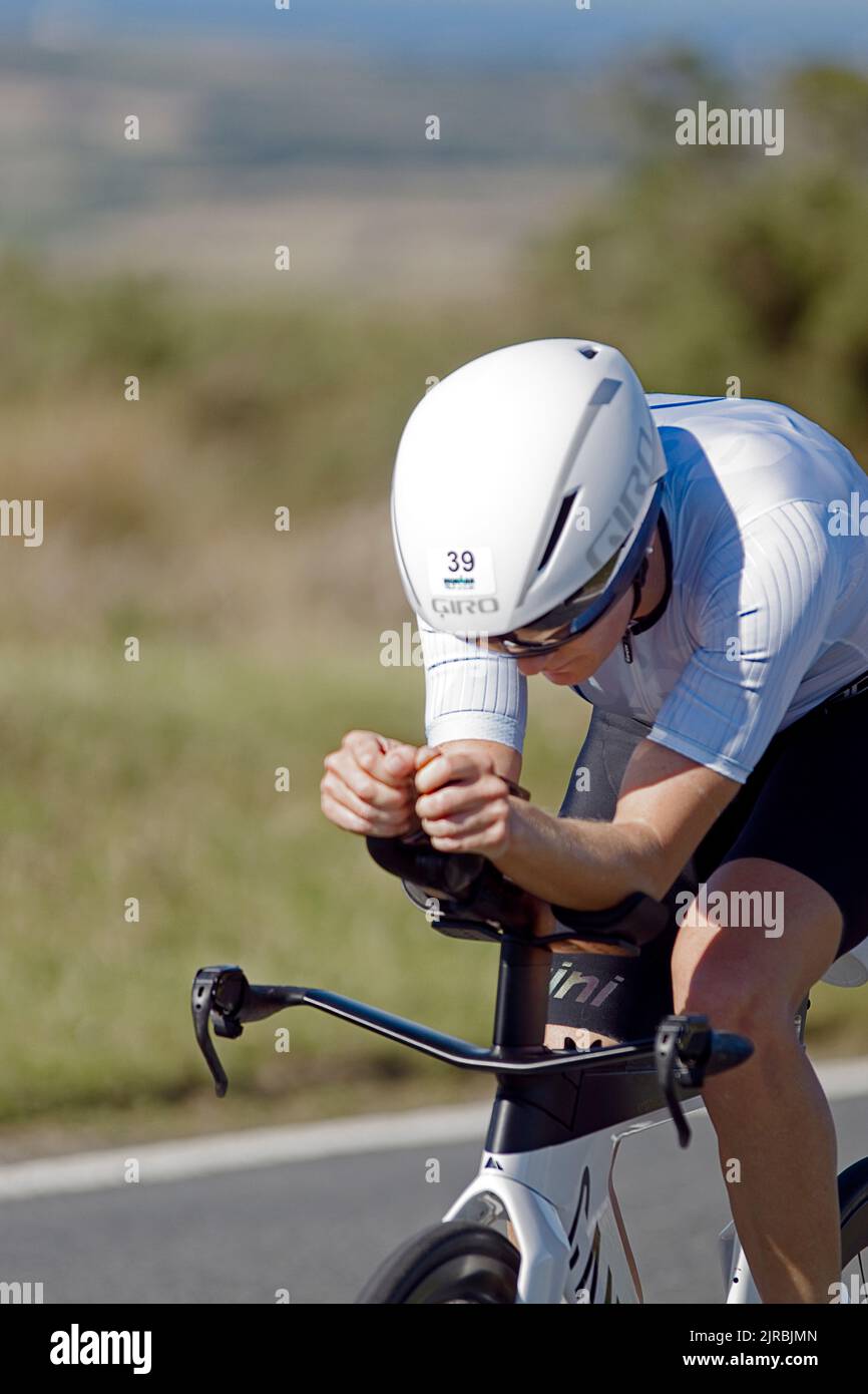 7thAug22 Gower Swansea Wales UK Triathlon Ironman cycling event Lone ...