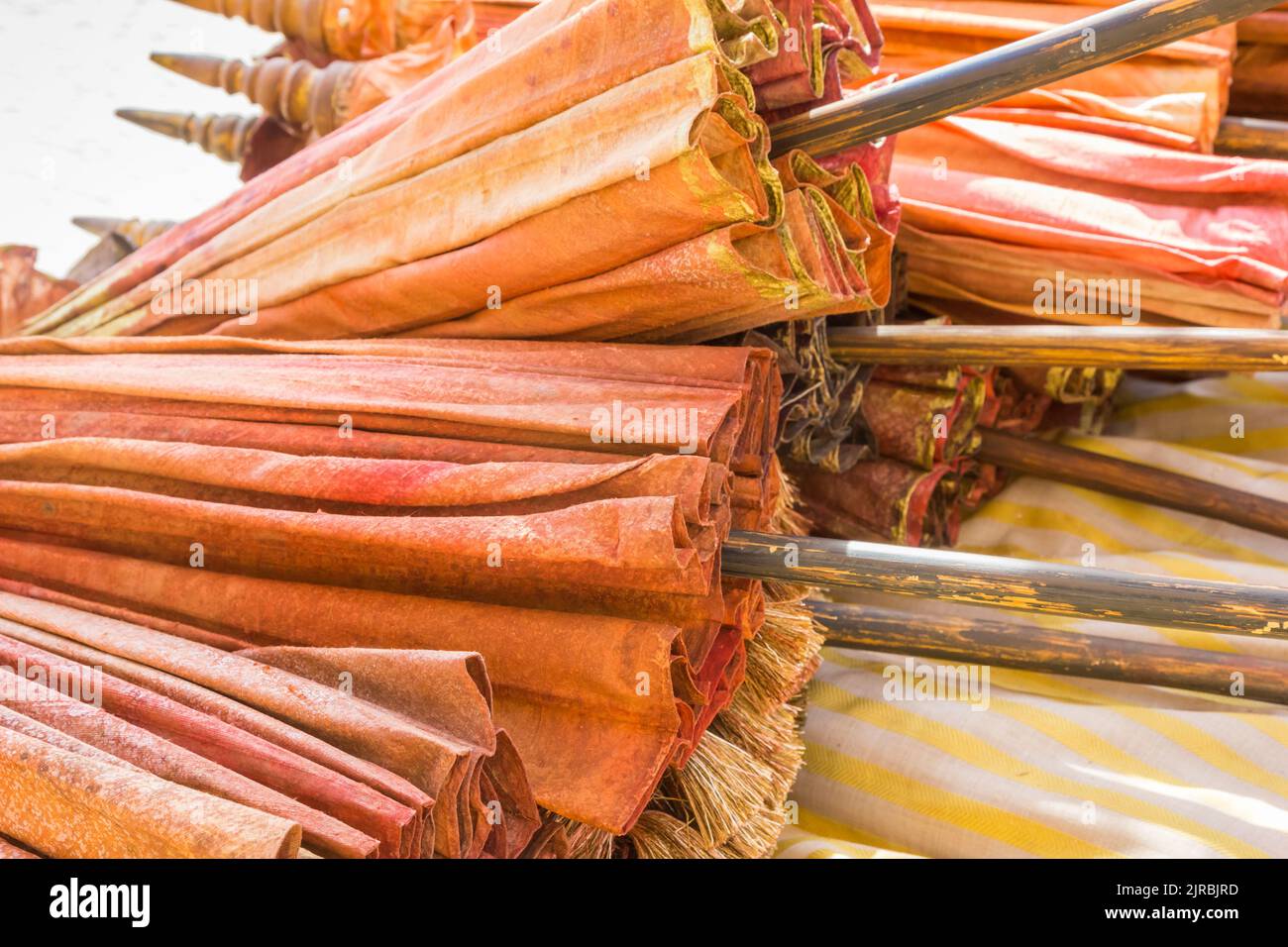 Traditional umbrellas at a market stall on the plaza mayor of Trujillo ...