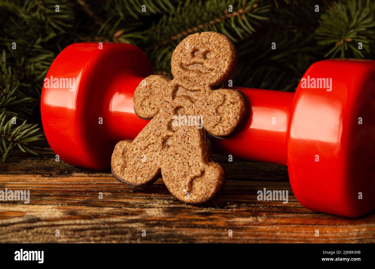 Delicious gingerbread man cookie, heavy red dumbbell and Christmas tree ...