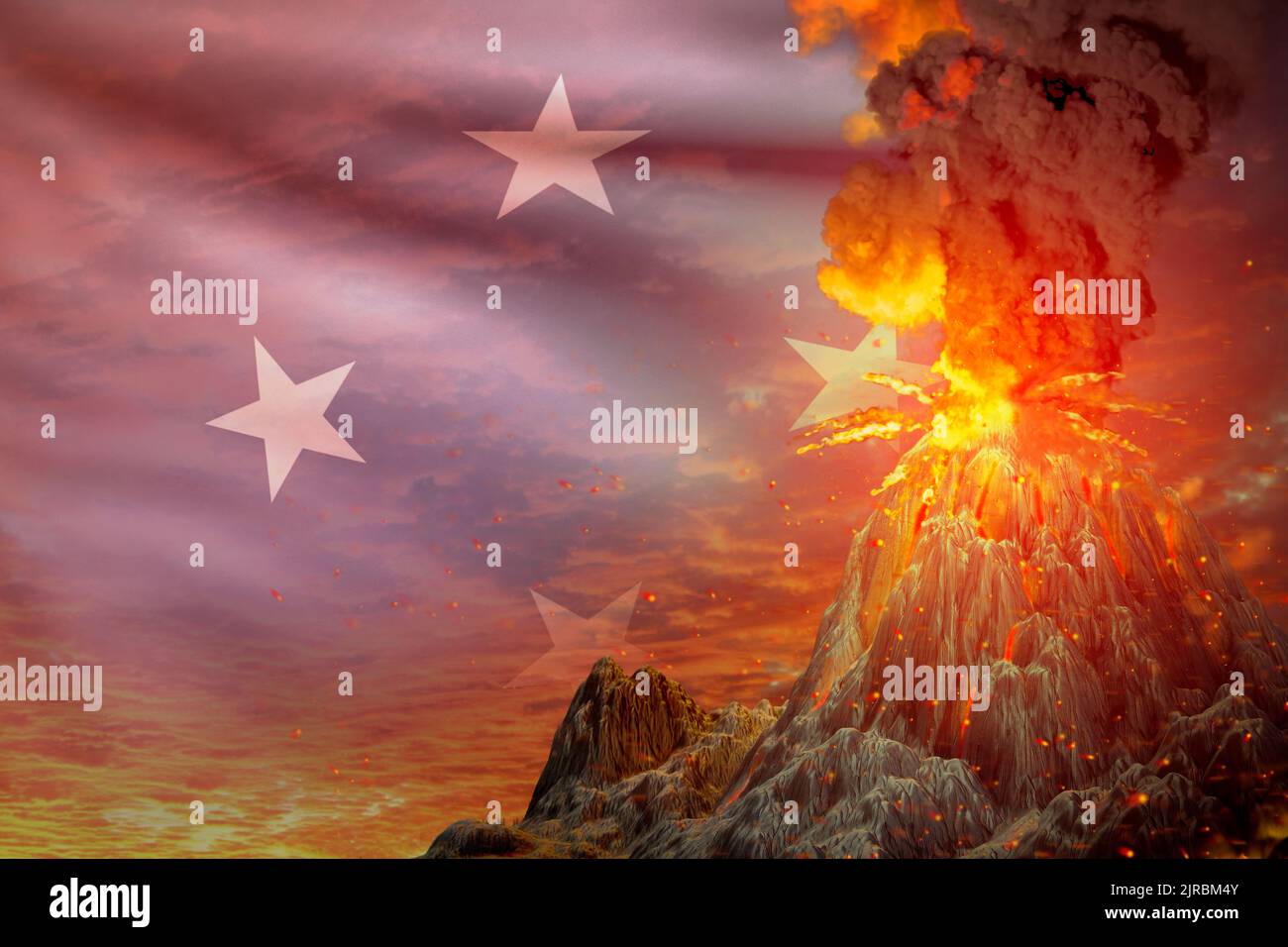 stratovolcano eruption at night with explosion on Micronesia flag ...