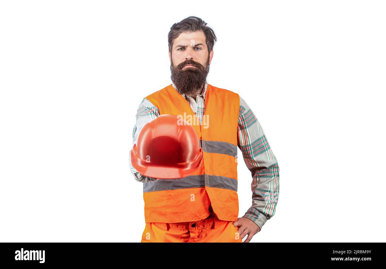 Builder in hard hat, foreman or repairman in the helmet. Man builders ...