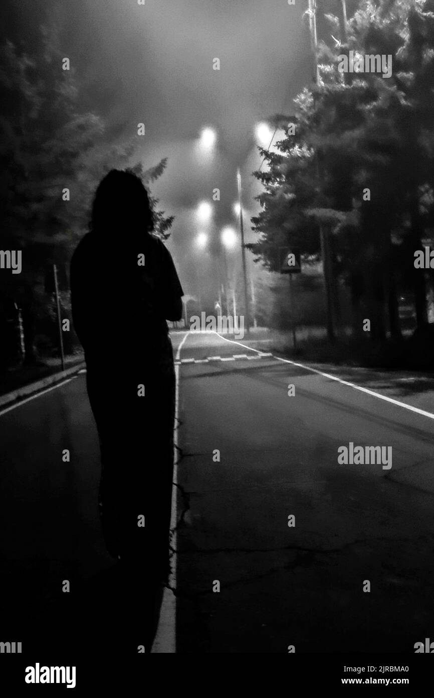 A woman's silhouette in a dimly lit foggy valley Stock Photo - Alamy
