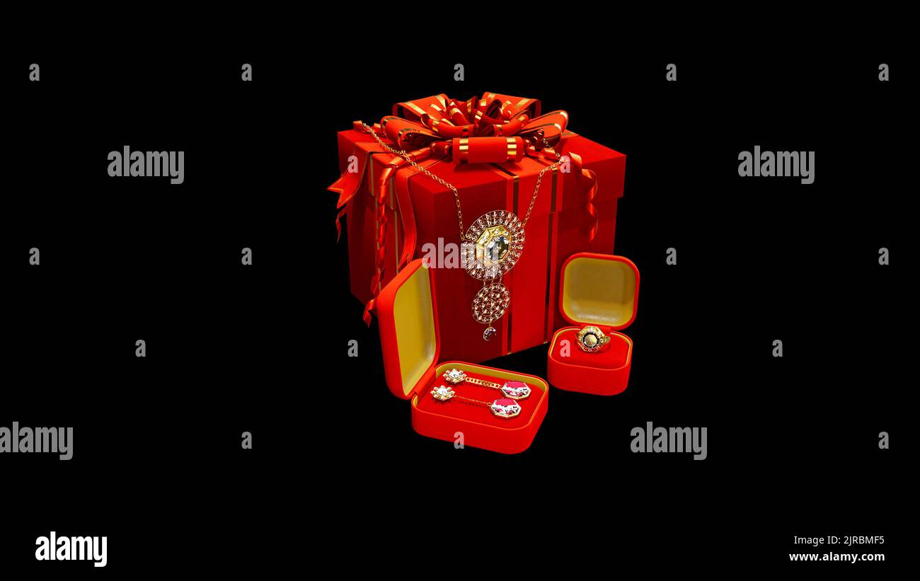 Red jewellery gift with choker ring and eardrops with diamonds - on ...