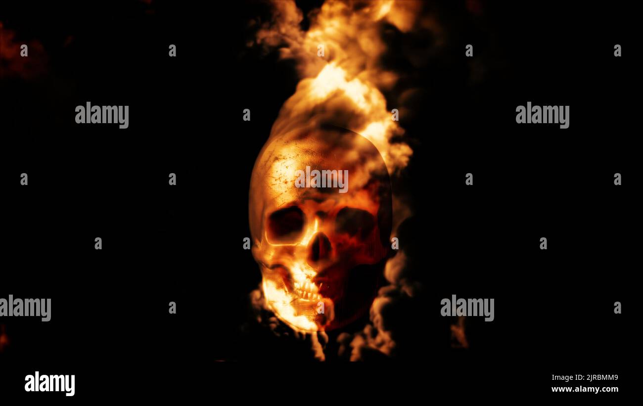 Burning horror of war concept - man skull with fire dark backdrop ...